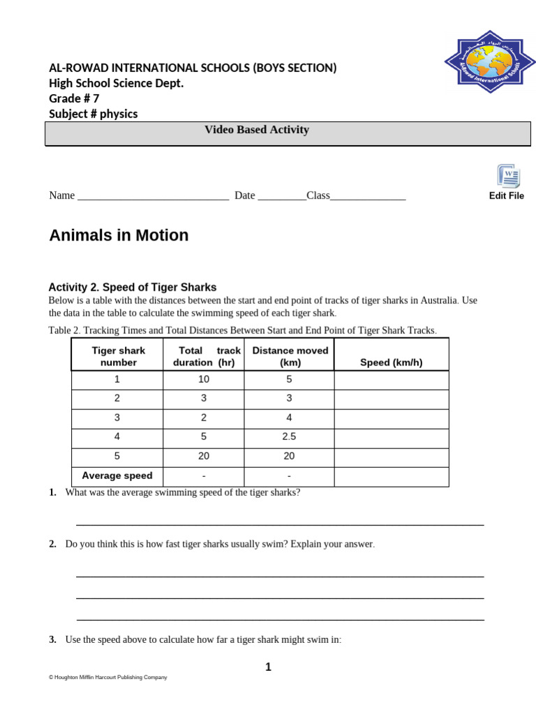 Animals in Motion .VIdeo Based Activity.2 | PDF | Speed | Motion (Physics)