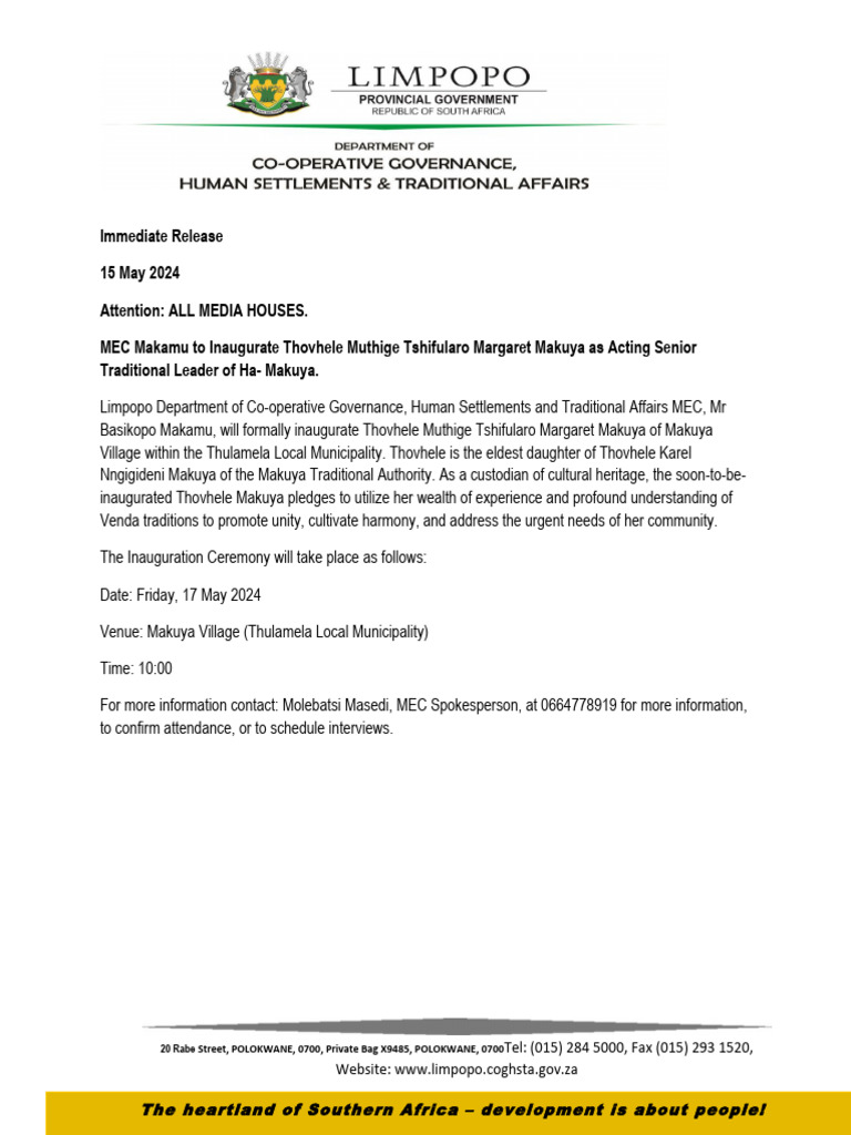 MEC Makamu To Inaugurate Thovhele Muthige Tshifularo Margaret Makuya As ...