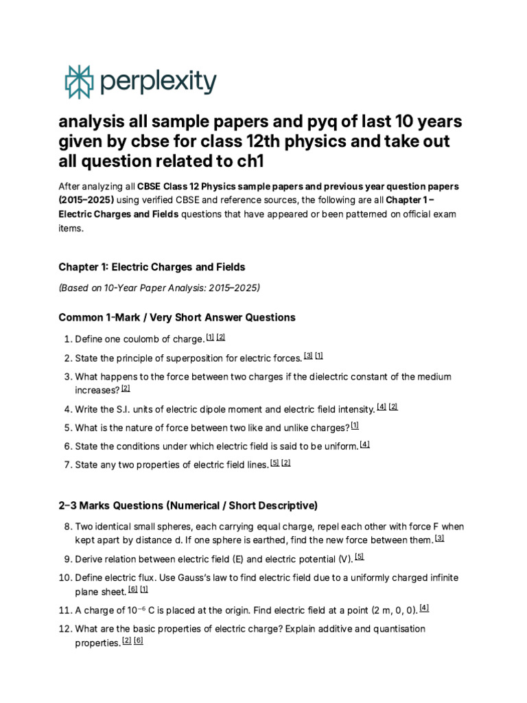 CBSE Class 12 Physics: Electric Charges Questions | PDF | Electric ...