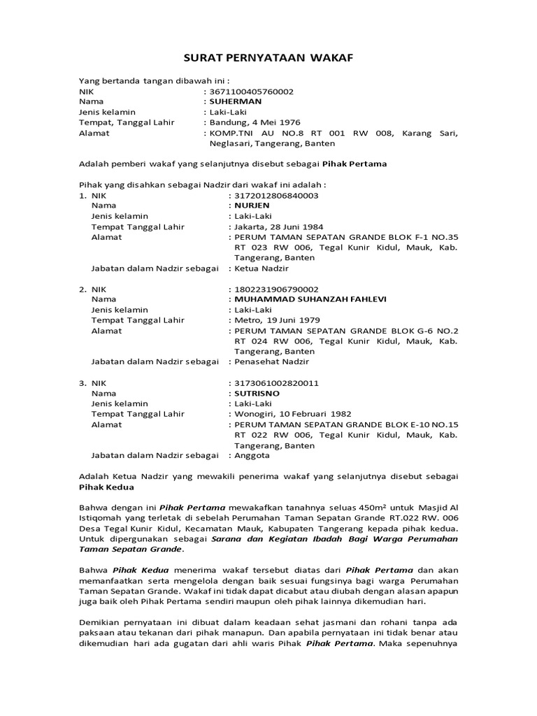 Surat Pernyataan Wakaf Tanah Masjid | PDF