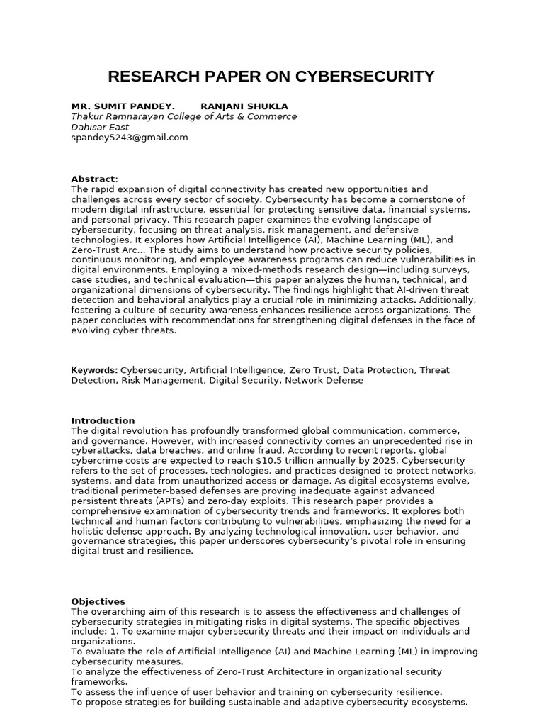 Research Paper on Cybersecurity - Mr Sumit Pandey ^0 Ranjani Shukla 2 | PDF | Computer Security ...