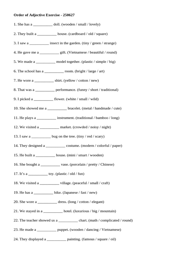 Adjective Order Practice Exercises | PDF