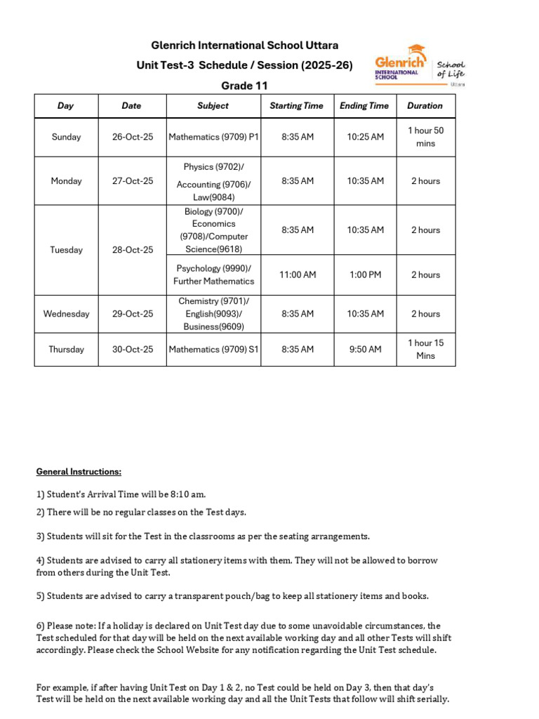 Grade 11 Unit Test Schedule 2025-26 | PDF | Educational Stages