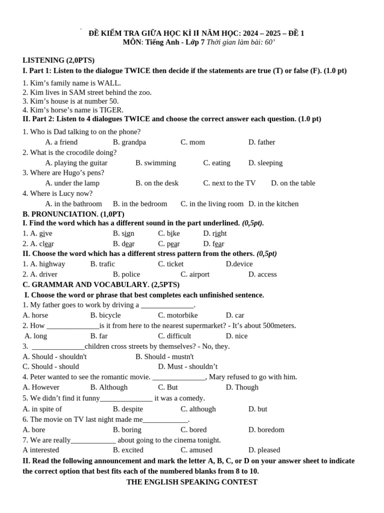 English Test for 7th Grade - Midterm 2024-2025 | PDF | Carnival