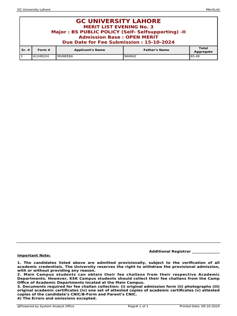 BS Public Policy Self Supporting 3rd List | PDF