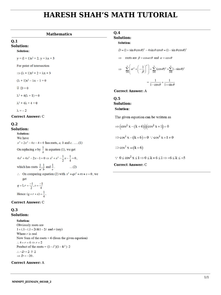 11th DCT Quadratic Equation Entrance 30.10.2025 Sol | PDF