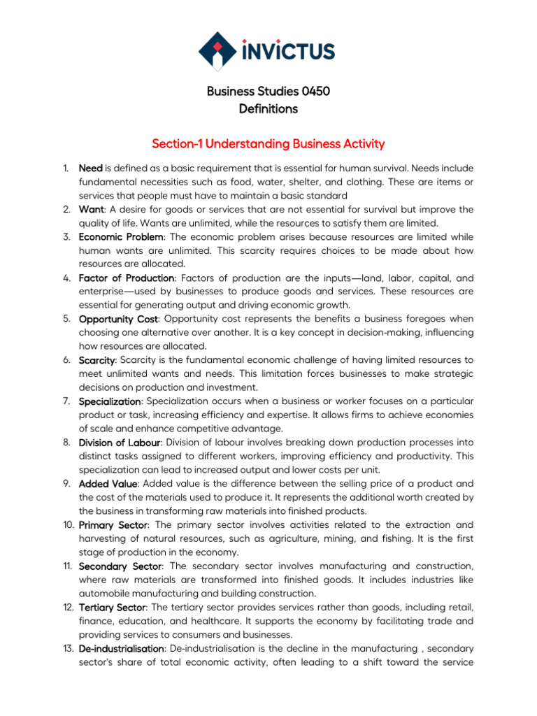 Business Studies 0450: Key Definitions | PDF | Marketing | Employment