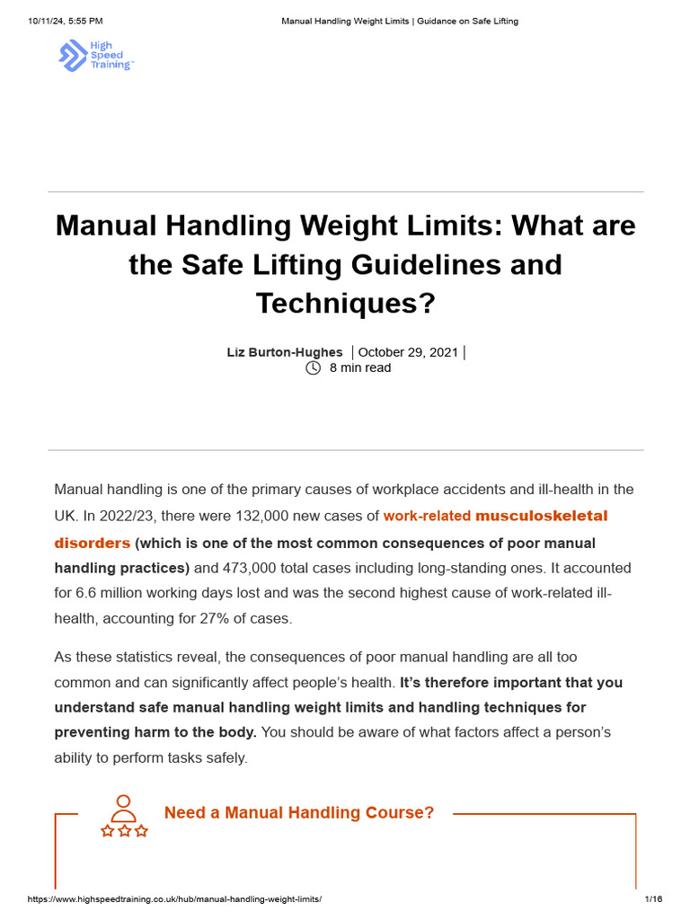 Manual Handling Weight Limits - Guidance On Safe Lifting | PDF ...