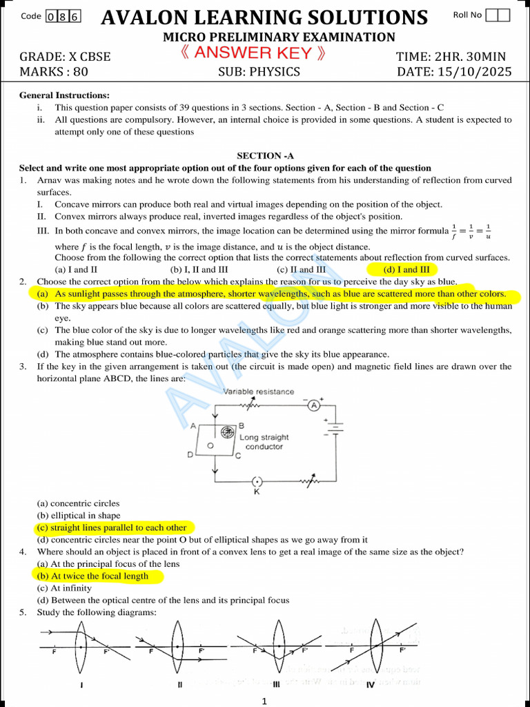 Physics x Cbse Anskey_15.10.2025 | PDF