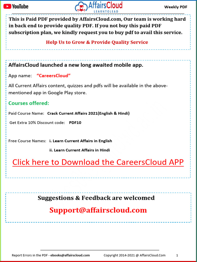Current Affairs Weekly Content PDF May 2021 4th Week by AffairsCloud 1 ...