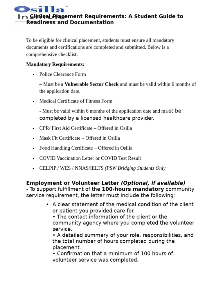 Clinical Placement Requirements and Mandatory Forms 2 | PDF