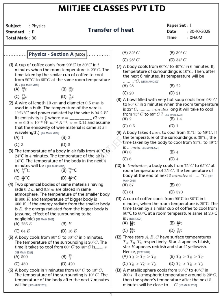 MIITJEE Physics Heat Transfer MCQs | PDF | Heat Transfer | Transport ...