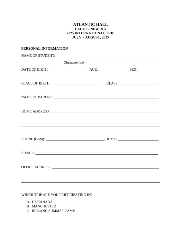 2025 Lagos International Trip Form | PDF