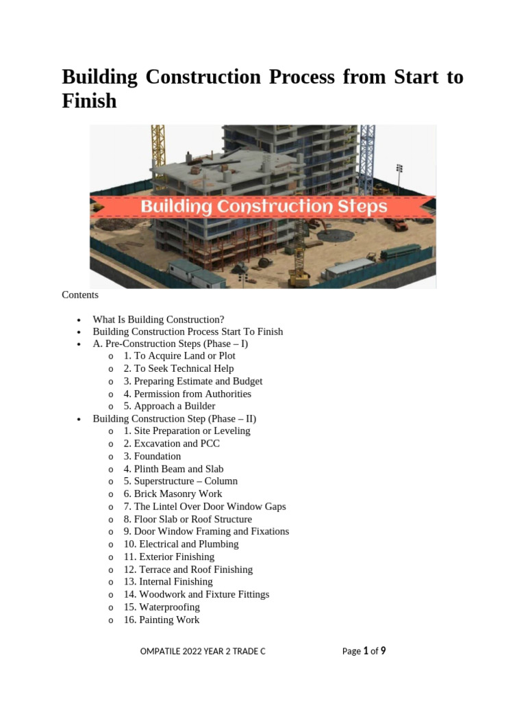Building Construction Process From Start To Finish | PDF | Concrete | Wall