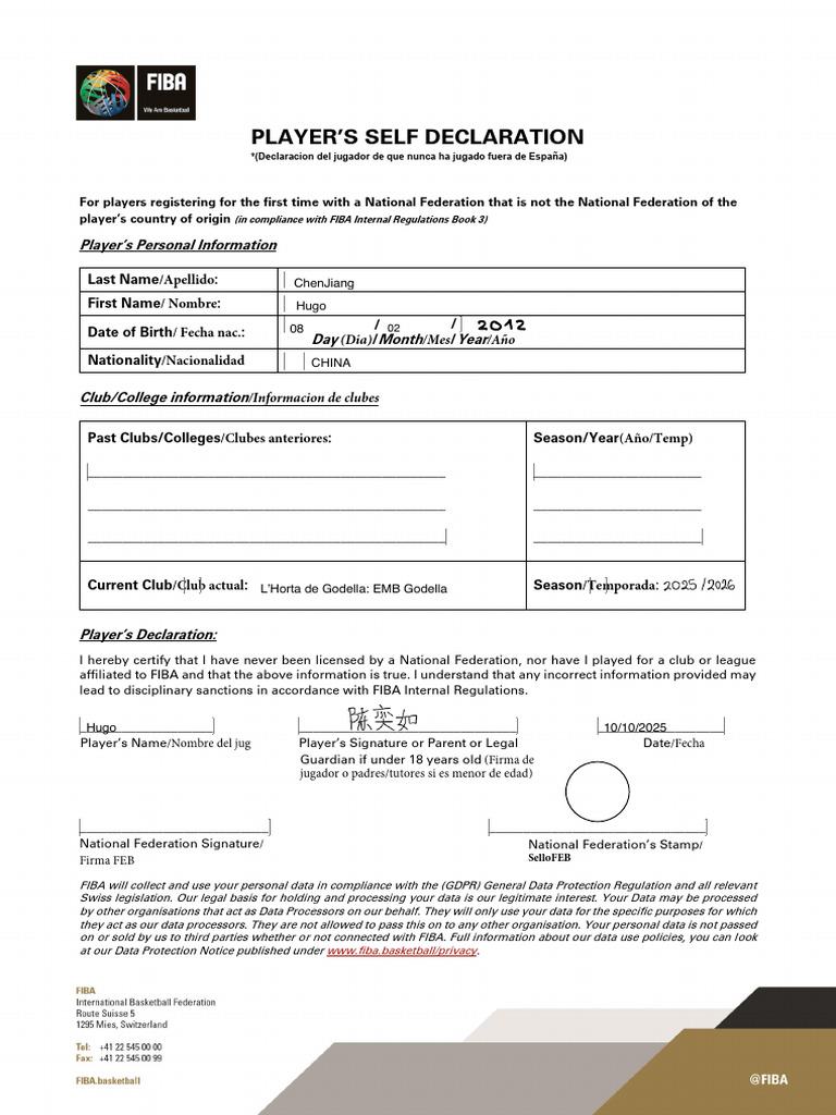 Player Self-Declaration Form for FIBA | PDF | Data Management ...