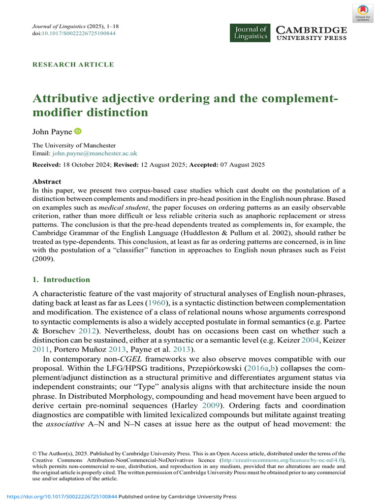 Attributive Adjective Ordering and the Complement Modifier Distinction ...