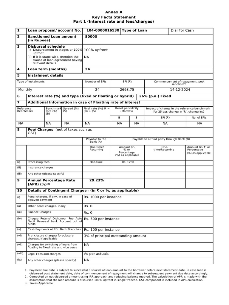 100% Upfront NA: Annex A Key Facts Statement Part 1 (Interest Rate and Fees/charges) | PDF ...