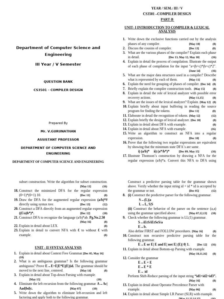 CS3501 Compiler Design Part B - QB | PDF | Parsing | Regular Expression