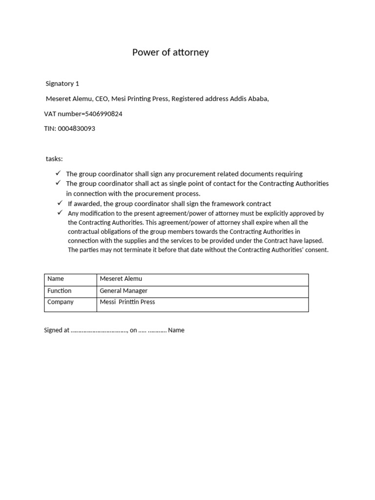 Power of Attorney for Procurement Tasks | PDF