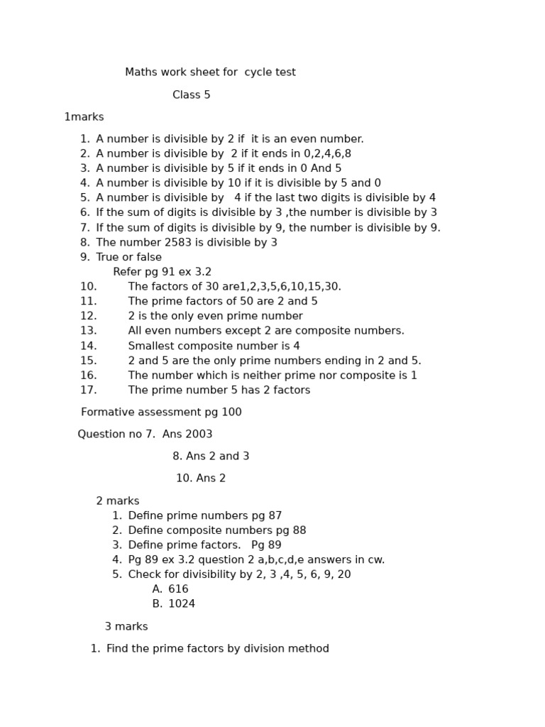 Class5 Maths Work Sheet | PDF