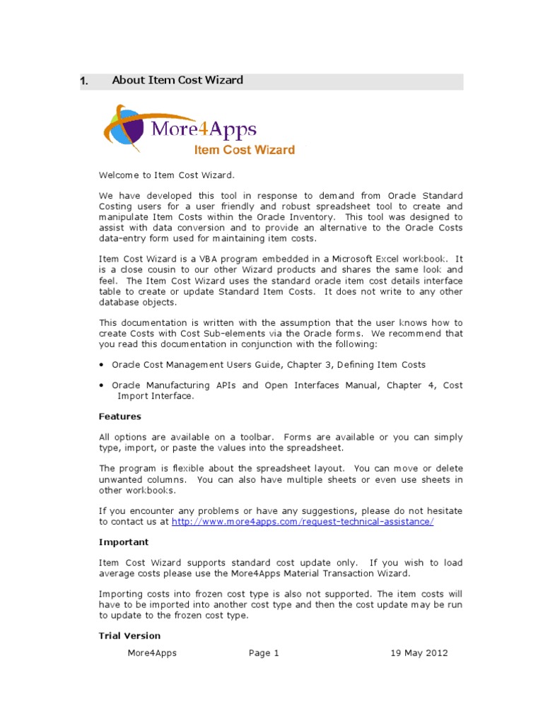 Oracle Item Cost Wizard Guide | PDF | Microsoft Excel | Oracle Database