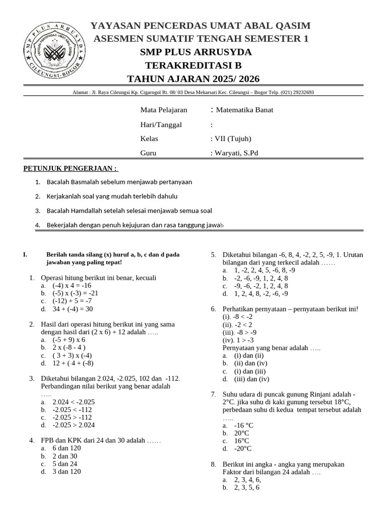 soal uts mtk 7 smt 1 ta 2025-2026 | PDF