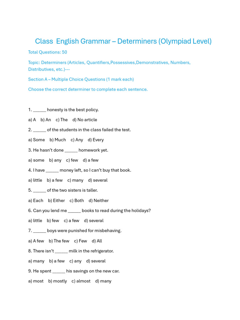 Olympiad Level English Grammar: Determiners | PDF