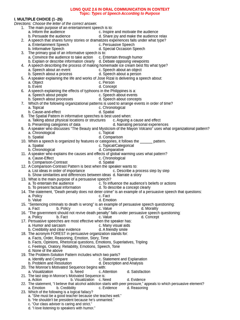 Long Quiz 2.6 in Oral Communication SPEECH DELIVERY | PDF | Rhetoric ...