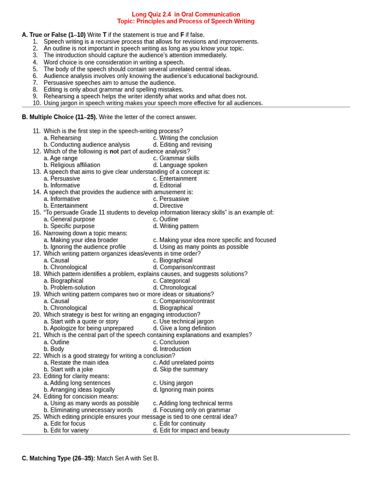 Long Quiz 2.4 in Oral Communication | PDF | Speech | Rhetoric