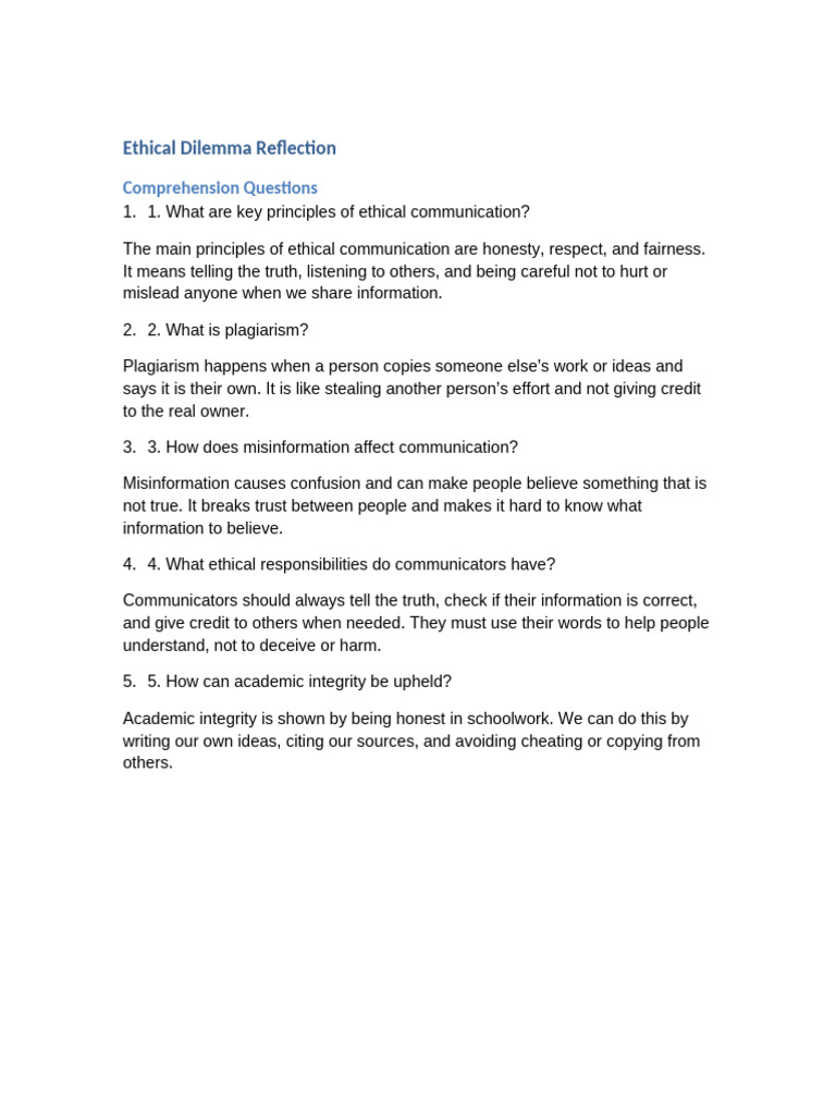 Ethical Dilemma Reflection Questions | PDF