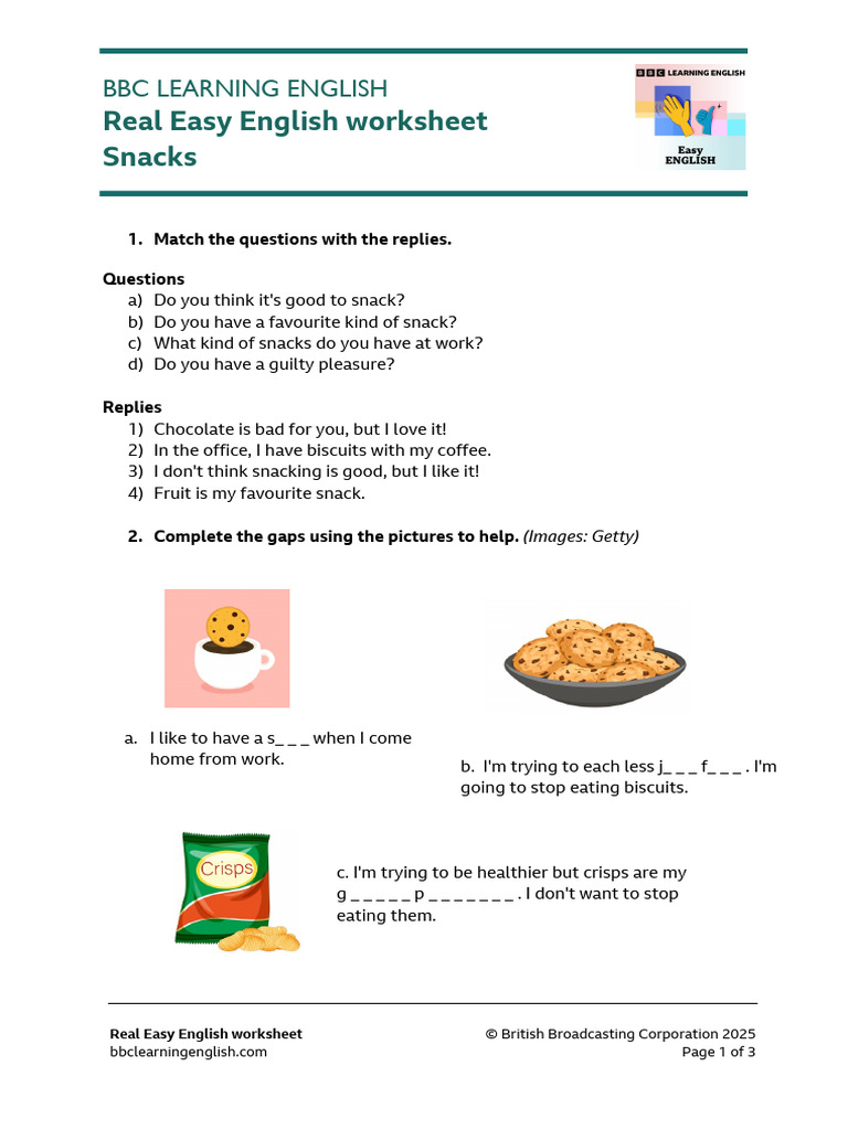 RealEasyEnglish Snacks Worksheet | PDF
