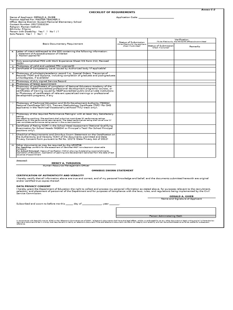 Master Teacher II Application Checklist | PDF