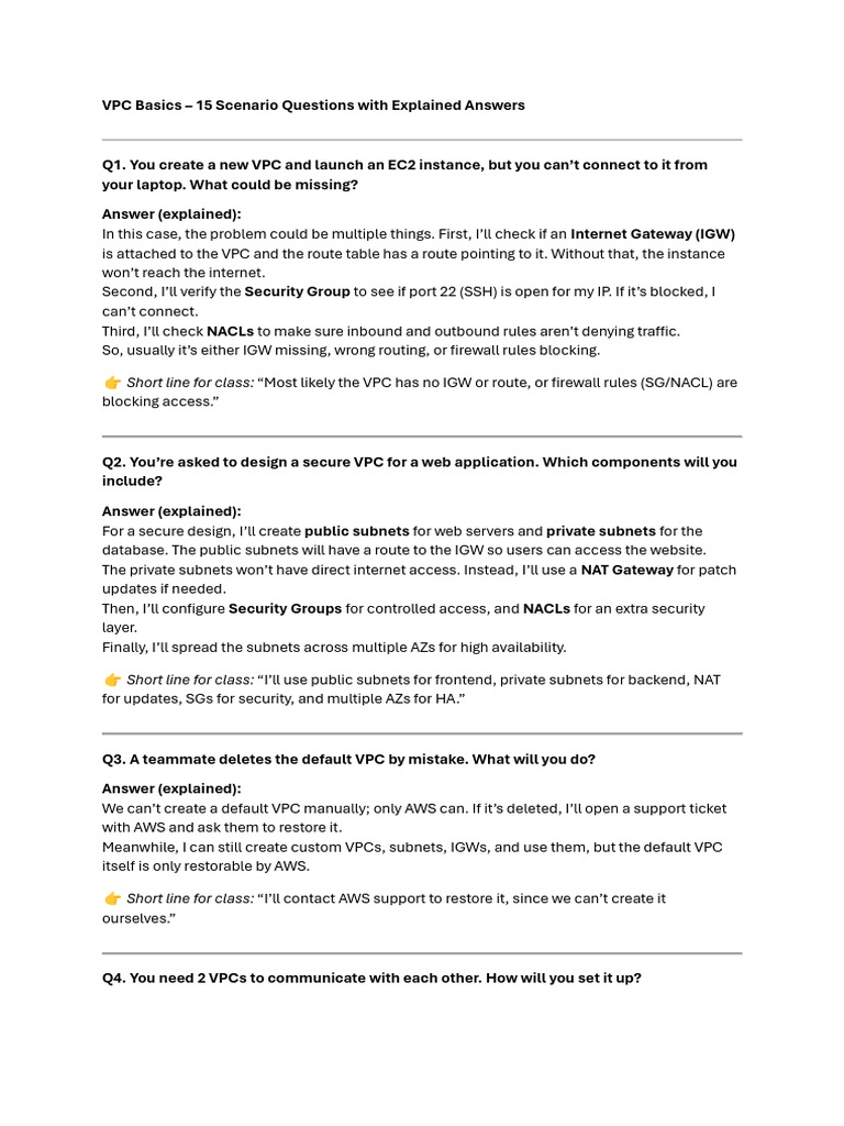 VPC Basics - 15 Scenario Questions With Explained Answers - Merge | PDF ...