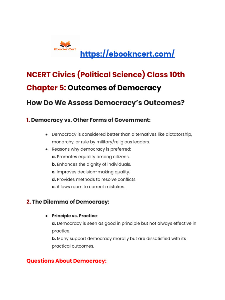 NCERT Civics Political Science Class 10th Chapter 5 Outcomes of ...