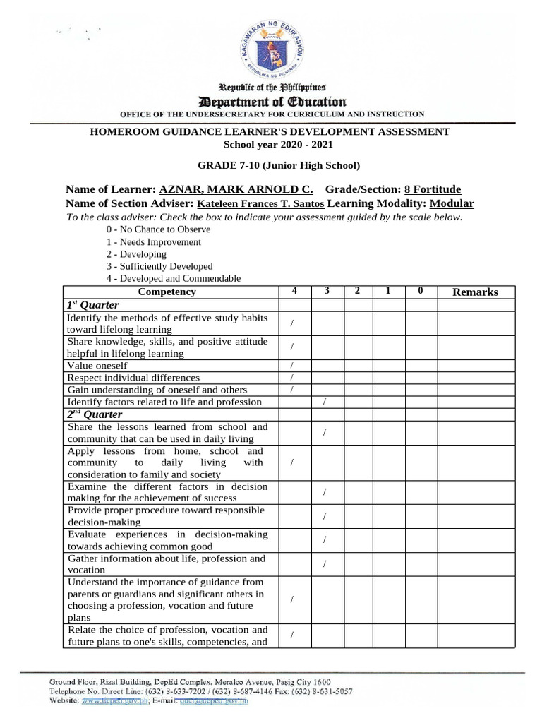 Homeroom Guidance Learner's Development Assessment | PDF | Learning | Decision Making