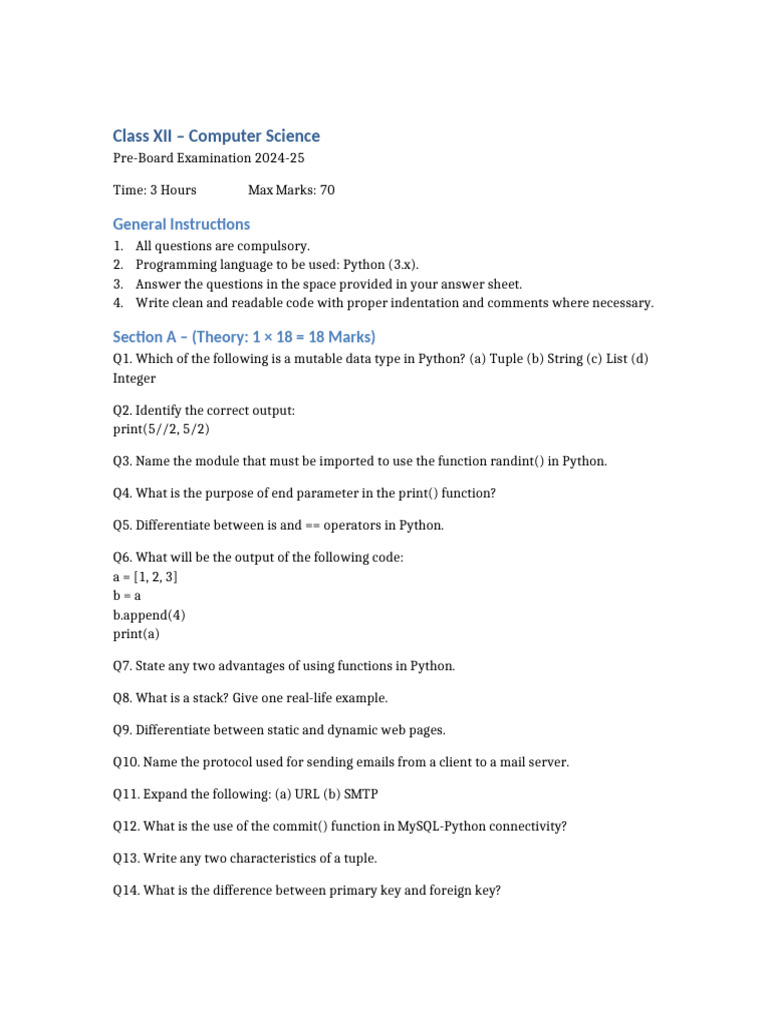 Class XII Computer Science Pre-Board Exam | PDF | Computer Programming ...