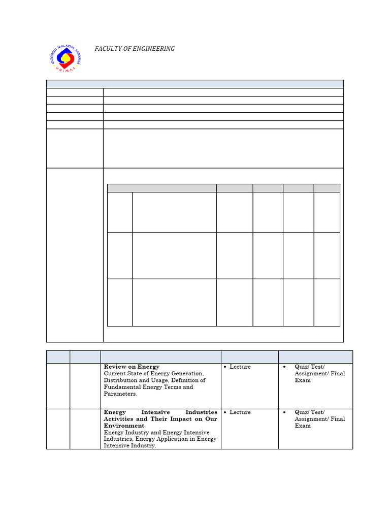 Template Course Plan KNC4312 Sem 1 2025-26 | PDF | Energy Management ...