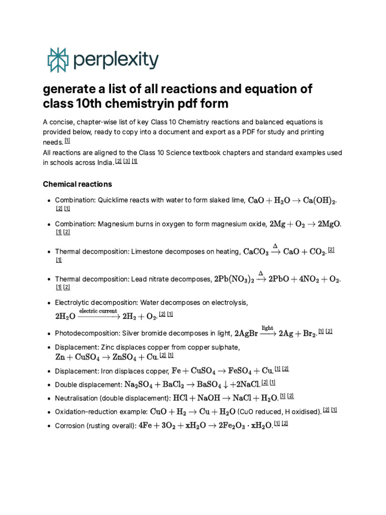 Generate A List of All Reactions and Equation of Class10 | PDF ...