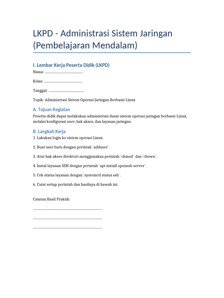 LKPD Rubrik Refleksi Administrasi Jaringan | PDF