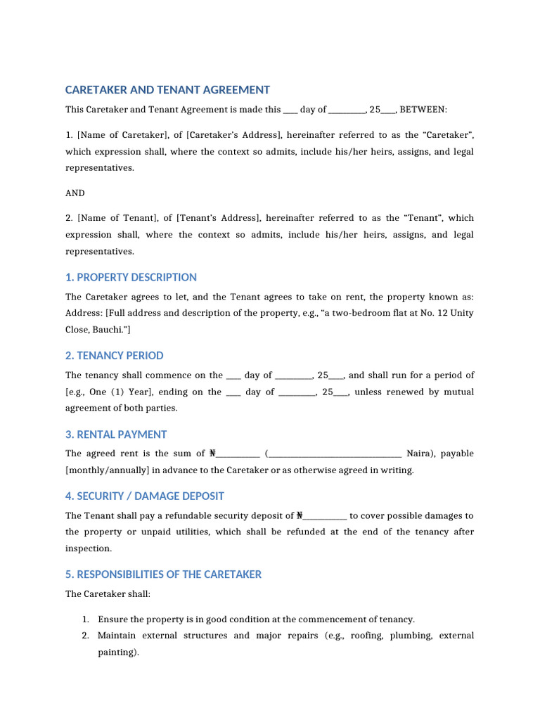 Caretaker-Tenant Agreement Template | PDF | Leasehold Estate | Lease