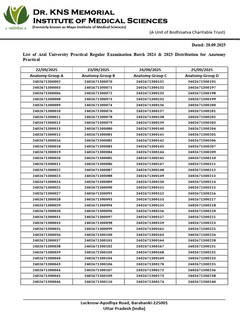 Anatomy Atal Practical Grouping-Batch 2024 & 2023 - Regular & Supple | PDF | Medical Education