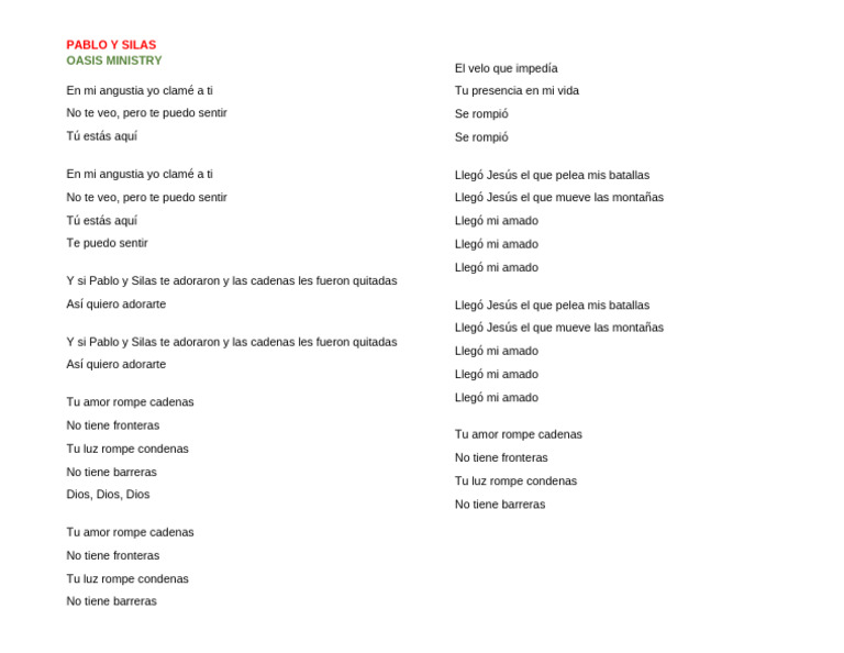 Letra de "Pablo y Silas" - Oasis Ministry | PDF