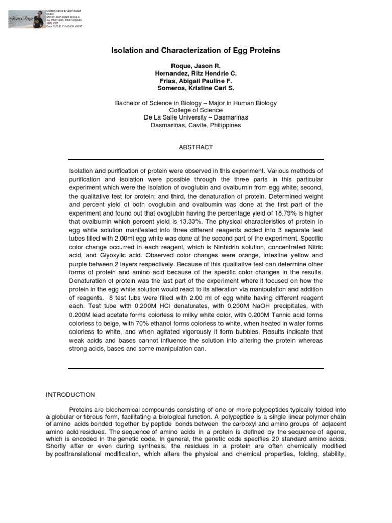 Isolation and Characterization of Egg Proteins | PDF | Proteins ...