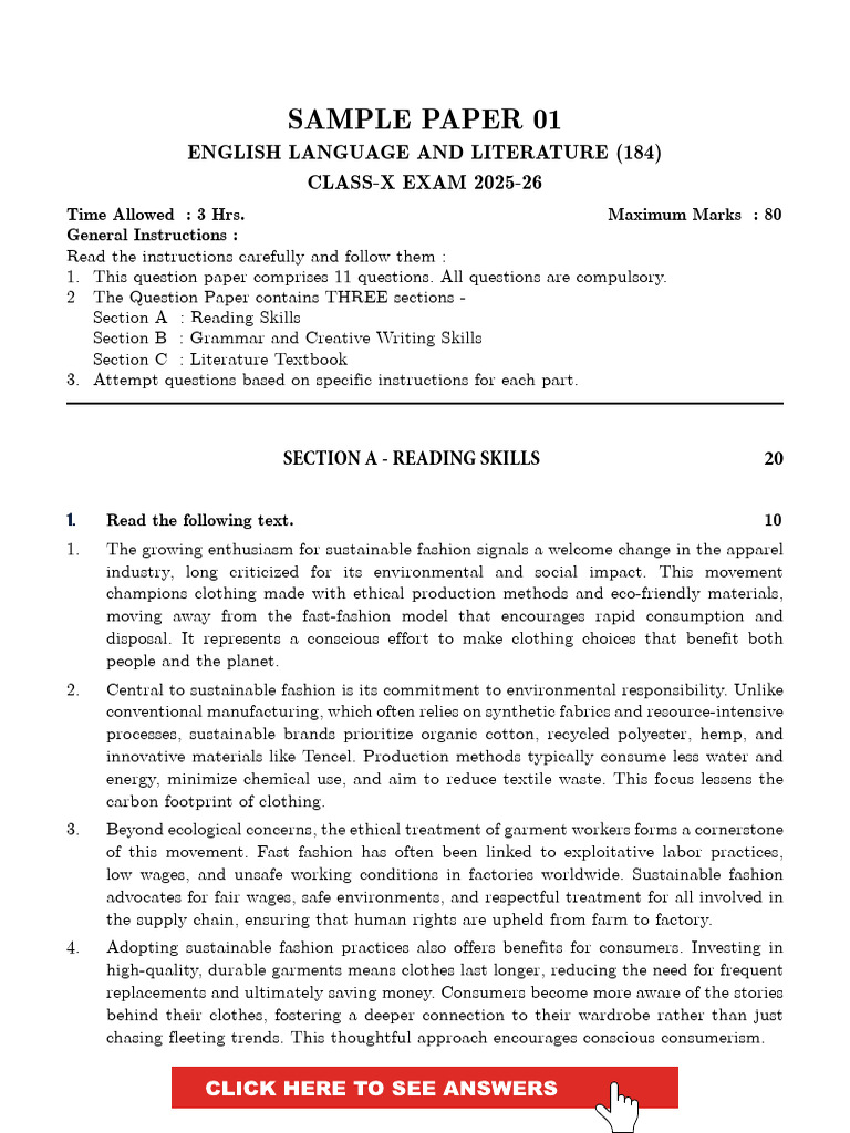 60 English Class 10th Sample Paper For Board Preparation 2025-2026 ...