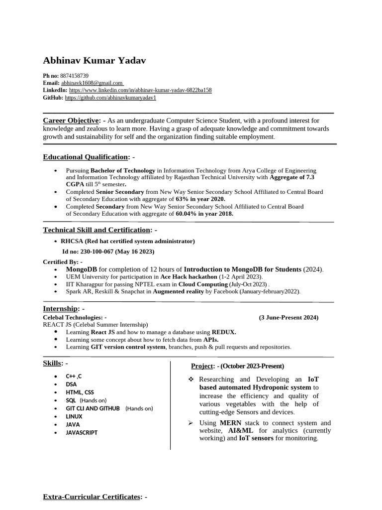 Abhinav Resume 1 July 2024 (GENERIC NEW) | PDF | Software | Information Technology