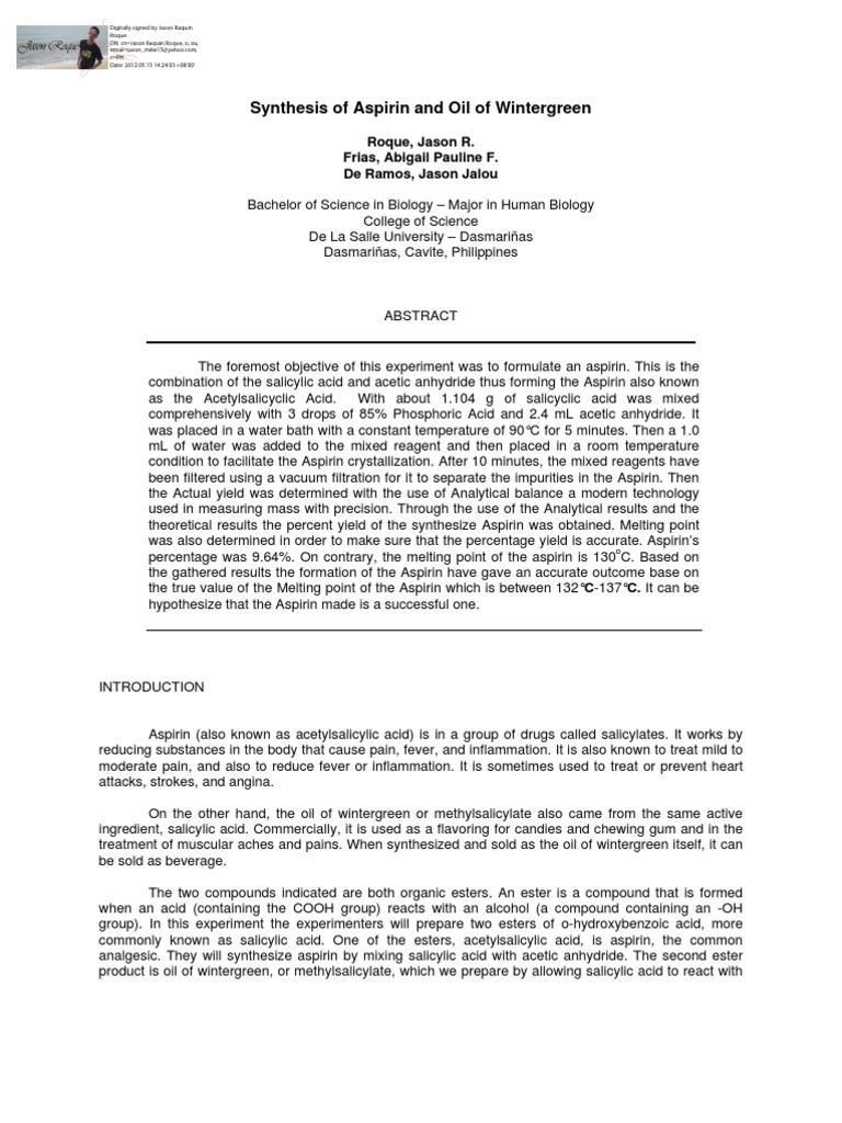 Synthesis of Aspirin and Oil of Wintergreen | PDF | Aspirin | Chemical ...