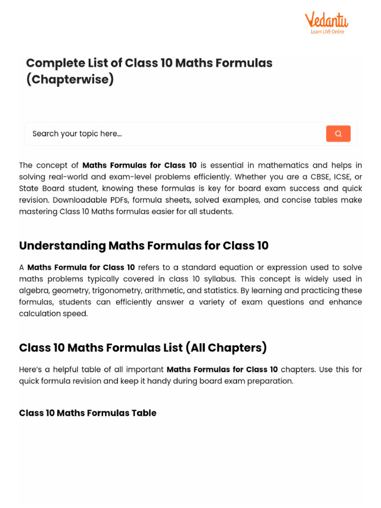 Complete List of Class 10 Maths Formulas (Chapterwise) | PDF