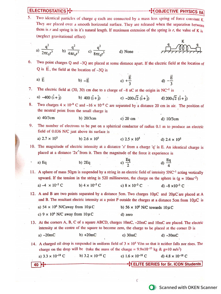 Electrostatics Practice Sheet Questions | PDF