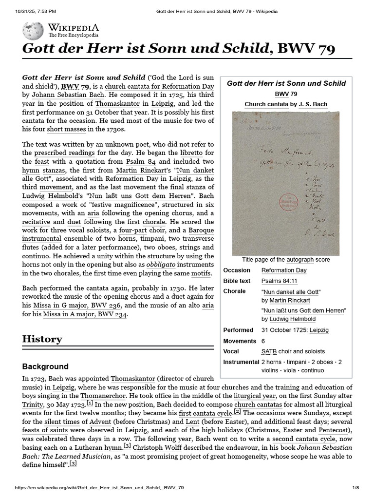 Gott Der Herr Ist Sonn Und Schild, BWV 79 - Wikipedia | PDF | Johann ...