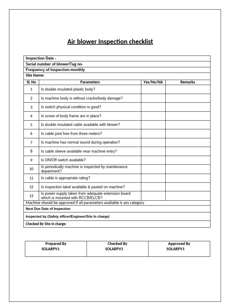 Air Blower Inspection Checklist | PDF
